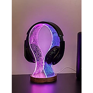 YuanDian Headphone Stand, Walnut Wood Headset Holder with Blue Pink LED Night Light for Gamers, Men, and Music Lovers - Perfect Desk Gift Idea