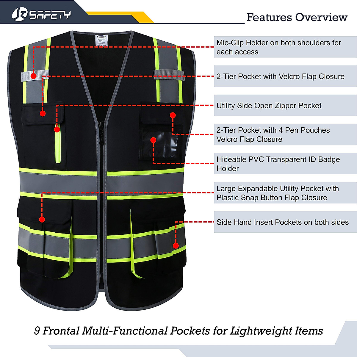 JKSafety 9 Pockets High Visibility Safety Vest for Men and Women Zipper Front with Hi-Vis Reflective Strips Meets ANSI/ISEA Standards (130-Black, Large)