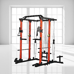 HAUSHECK Squat Rαck with Pull Up Bar, LAT Pulldown, Weight Cαge, Cable Crossover, J-Hooks, Dip Handles, 1400lbs Power Cage with Training Attachment, Multi-Functional Powēr Racks for Home Gym, Orange A