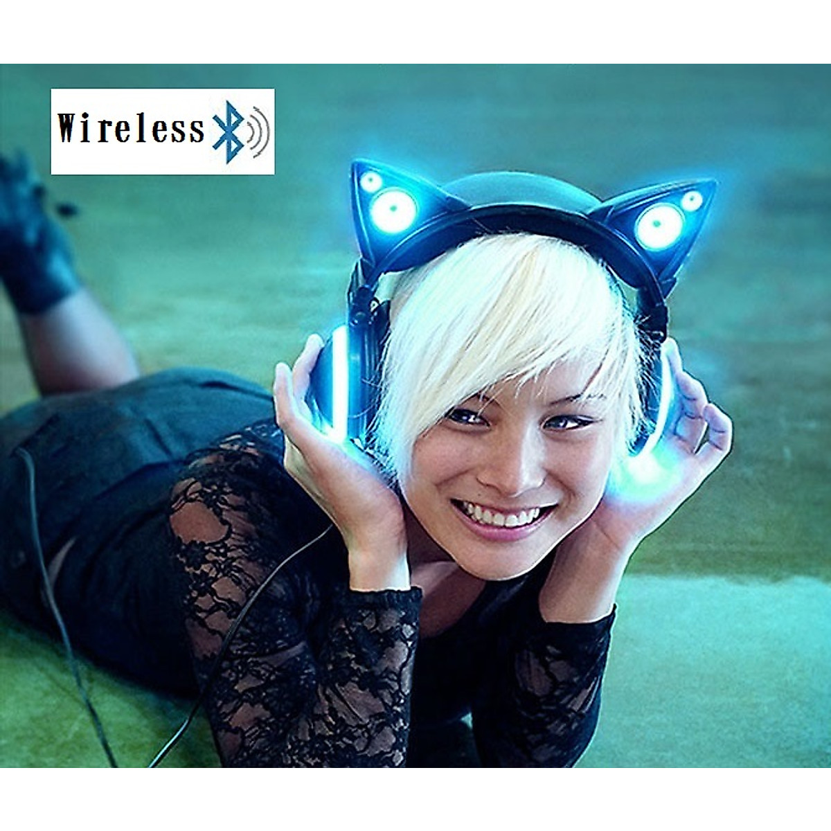 Axent Wear New Edition Wireless Cat Ear Headphones (12 Color Changing) 3.5mm Jack, Bluetooth&Wired Connection (Black)