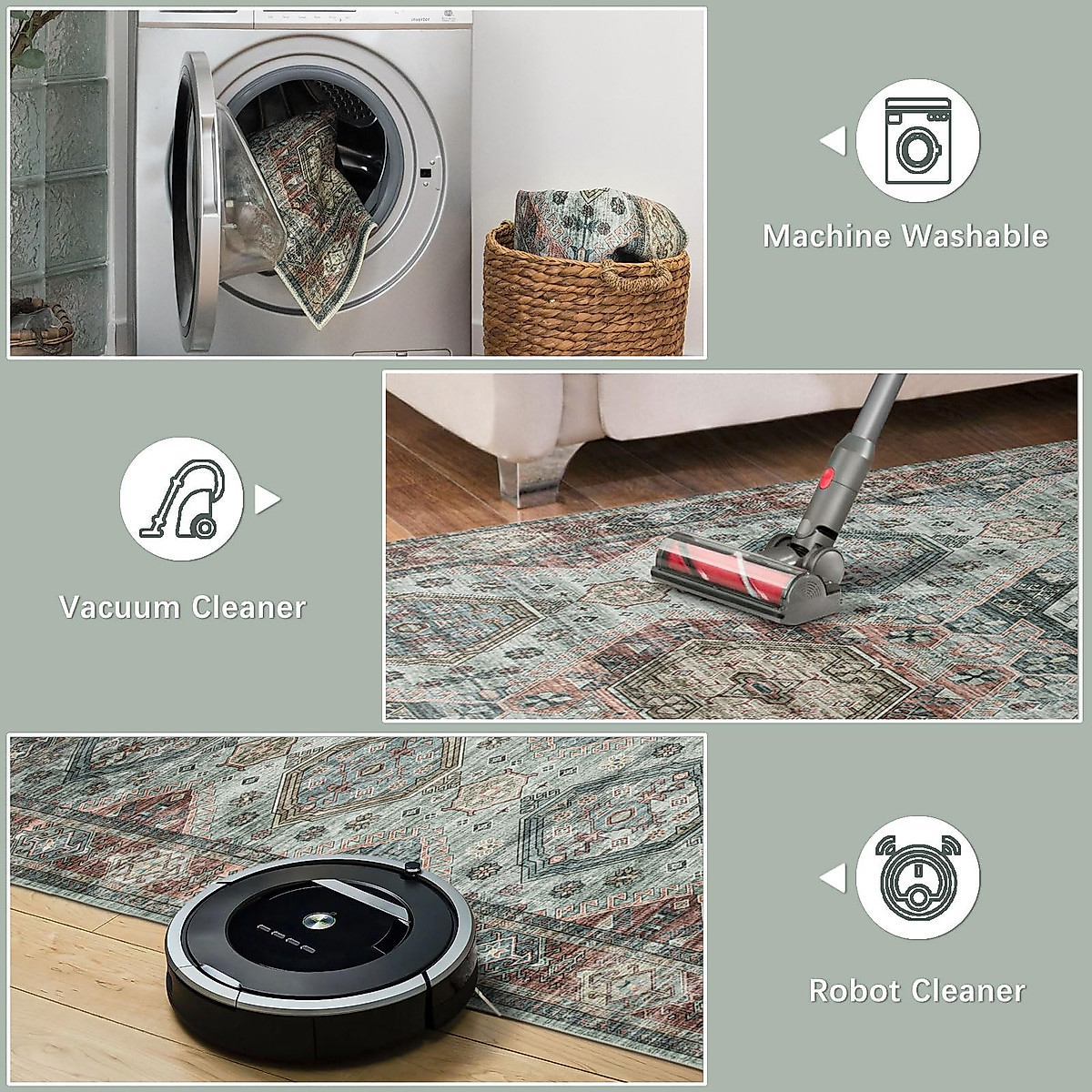 Fashriend Rita Moroccan Entry Rug, 2'×3' Washable Western Door Mat, Non-Slip Southwest Boho Rug, Non-Shedding Aztec Rug, Geometric Carpet with Low Pile for Bathroom, Laundry, Kitchen, Hallway, Green