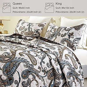 Whale Flotilla Reversible Paisley Quilts King Size, Lightweight Boho Printed Bedspreads Coverlets Quilt Bedding Set with 2 Pillow Shams for All Seasons, Bone/Grey