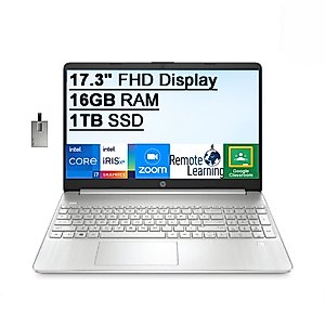 HP 2021 17.3" FHD IPS Laptop Computer, 11th Generation Intel Core i7-1165G7, 16GB RAM, 1TB PCIe SSD, Backlit Keyboard, Intel Iris Xe Graphics, HD Webcam, HD Audio, Windows OS, Silver, 32GB USB Card