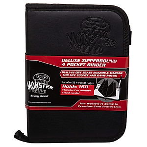 Monster Deluxe 4 Pocket Trading Card Leather Album - Zipper Closure, Built-in Dry Erase Boards and Marker, Side Loading Padded Double Sided Pockets, Holds 160 Cards, For Sport, Gaming, Kpop, Xmas Gift