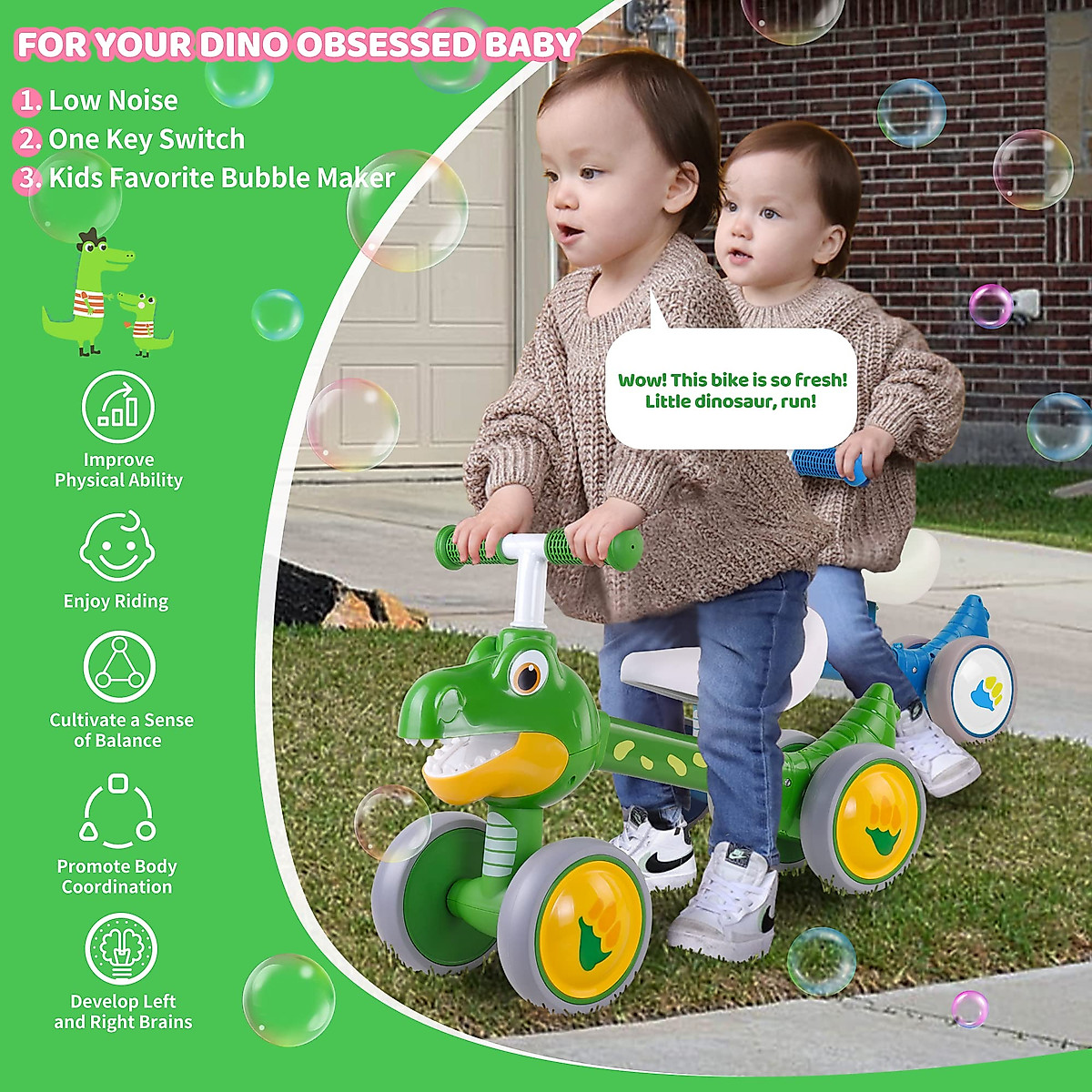 Afranti Baby Balance Bike with Bubble Machine for 10-36 Months Boys Girls Toddlers Kids Bikes No Pedal for 1 Year Old Birthday Gift Toys Fit for 2.2ft to 3.3ft Children