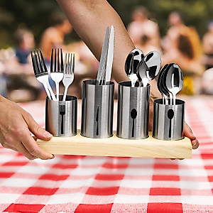 Sorbus Silverware Holder with Caddy for Spoons, Knives Forks, etc — Ideal for Kitchen, Dining, Entertaining, Buffet, Picnic, and More — Stainless Steel with Bamboo Wood Base