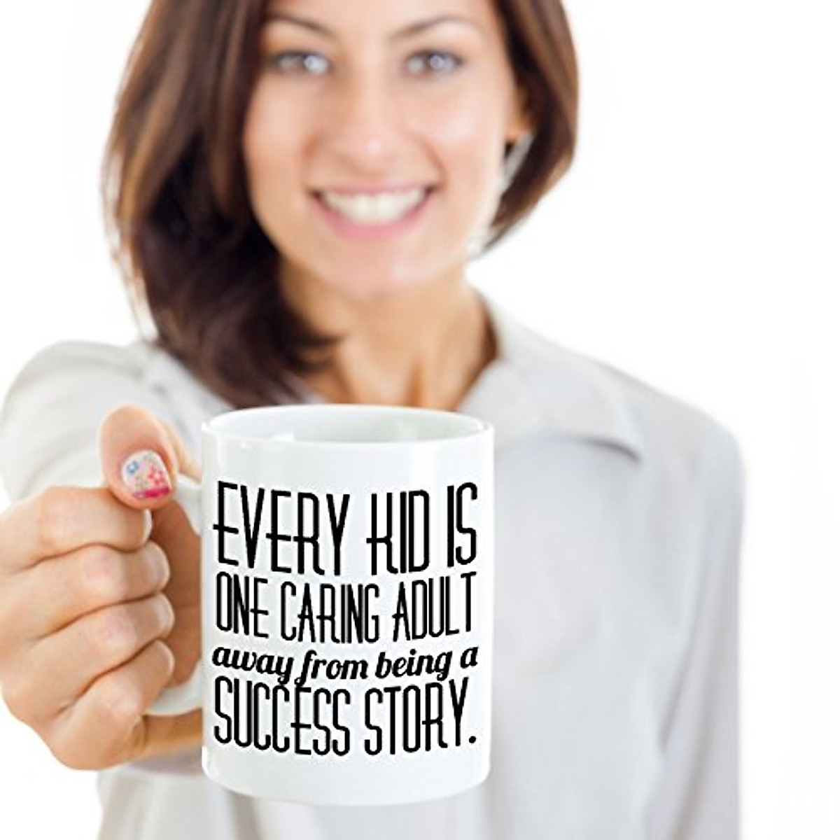 Teacher Mug (15 oz) Every Kid Is One Caring Adult Away From Being a Success Story Mugs With Quotes by Vitazi Kitchenware, Ceramic Coffee Cup - Gift for Coaches, Teachers, Social Workers (White)