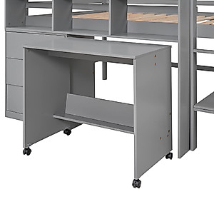 Wood Full Size Low Loft Bed with Rolling Portable Desk and Drawers,Shelves and Safety GuardRails,for Kids Boys Girls Teens Adults Bedroom (Gray@f, Full)