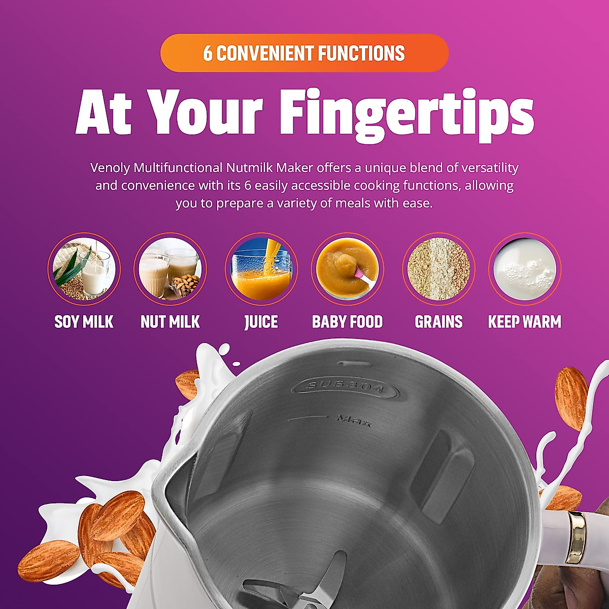 Venoly Nut Milk Maker Machine - Convenient Nut Milk Machine for Homemade Plant-Based and Dairy-Free Beverages | Nut and Soy Milk Maker with Stainless Steel Blades Produces Up To 5.5 Cups (Purple)