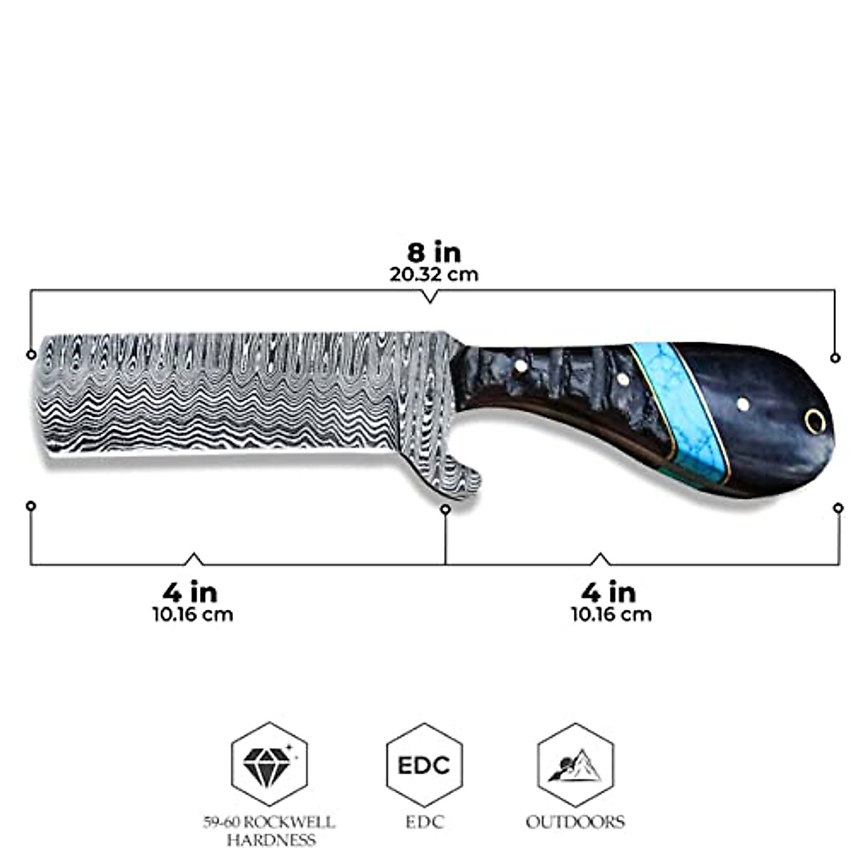 Warlocks Club Handmade Damascus Hunting Knife, 8" Fixed Blade Knife with Sheath, Full Tang Cowboy Knife, Skinning Knife, EDC Bull Cutter Knife for Outdoor Camping