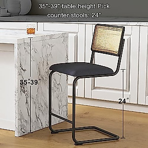 Modern Counter Height Bar Stools Set of 2 with Natural Rattan Cane and Solid Wood Backs, Boucle Fabric Upholstery with Metal Chrome Legs Mid Century Bar Chairs (Black, 2PCS-24'' Counter Height Stool)