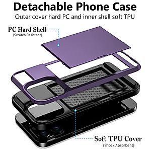 Vofolen for iPhone 14 Pro Max Case Wallet Credit Card Holder ID Slot Sliding Door Hidden Pocket Men Women Anti-Scratch Dual Layer Hybrid Bumper Armor Protective Shell Back Cover GreyPurple 6.7 inch