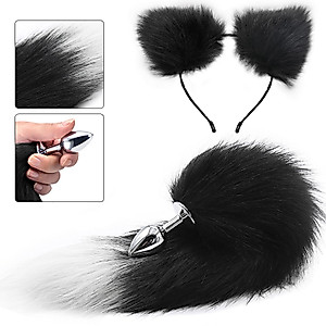 Stainless Steel Anal Butt Plug with Faux Silver Fox Tail and Ear-Anal Stopper Tail Sex Toy for SM Adult Games or Cosplay