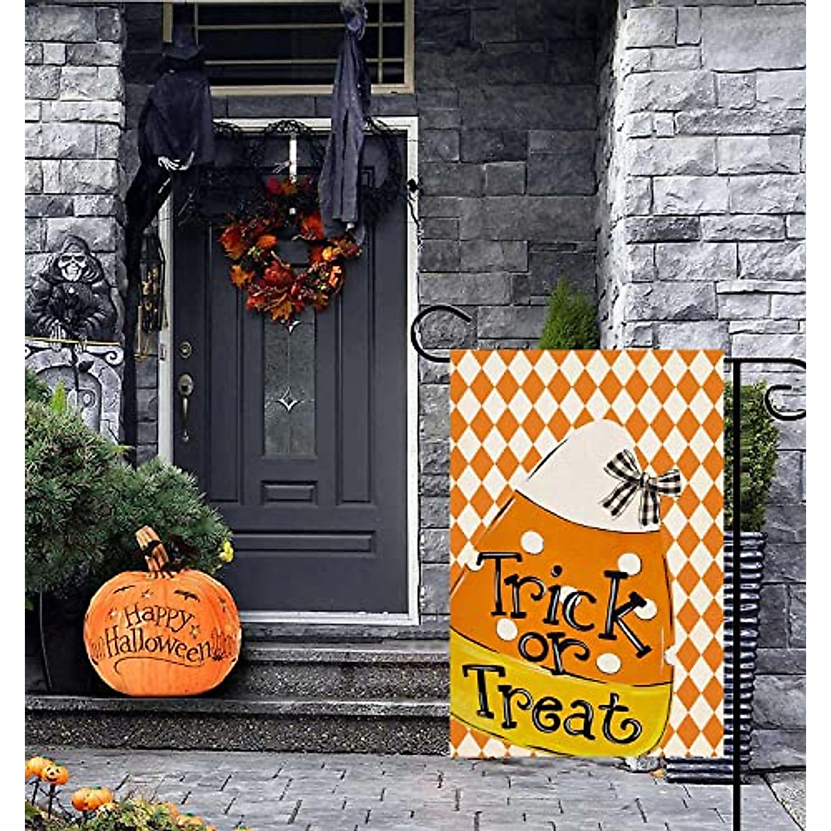 ORTIGIA Trick or Treat Garden Flag Vertical Double Sided 12x18inch Halloween Funny Candy Small Garden Flag Buffalo Check Plaid Seasonal Flag Farmhouse Rustic Holiday Burlap Yard Décor
