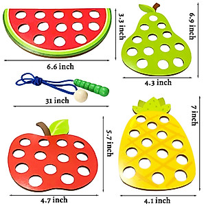 4 Pack Wooden Lacing Toy,Educational Threading Activity Puzzles,Learning Fine Motor Skill Travel Toy,Wooden Fruit Threading Set for Toddlers Kids 3 4 5 Year 1 Apple,1 Watermelon,1 Pineapple,1 Pear
