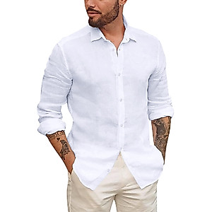 Mens Button Up Shirts Linen Beach Long Sleeve Casual Cotton Summer Lightweight Tops X-Large