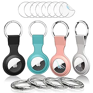 [4 Pack] Soft Silicone Case Compatible with Apple AirTag 2021, with 8Pcs Screen Protector, Anti-Scratch Lightweight Skin Cover with Key Ring for AirTags Holder Keychain Accessories
