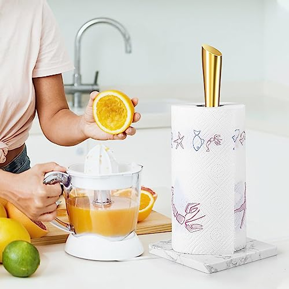 Welisya Marble Paper Towel Holder Gold Countertop,Standing Kitchen Paper Towel Holder Roll Holder- for Kitchen Bathroom Countertop, Standard Paper Towel Holder (with Marble Base)