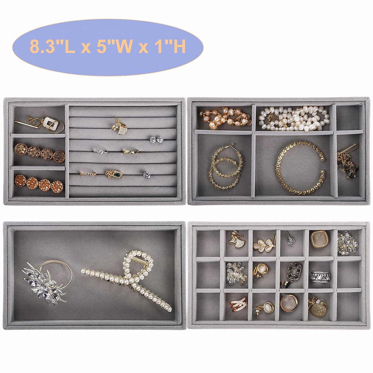 yarlung 8 Pack Velvet Jewelry Trays, Drawer Insert Jewelry Organizer Earring and Ring Storage, Divided Jewelry Holder for Bracelet Display, Necklace, Brooch, Watch