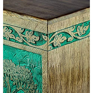 INTAJ Cremation Urn for Human Ashes - Wooden Urn Box for Ashes Handcrafted - Tree of Life Memorial Urn Funeral Cremation Urns (L(11.25x6.25) 250Cu, Teal Green)