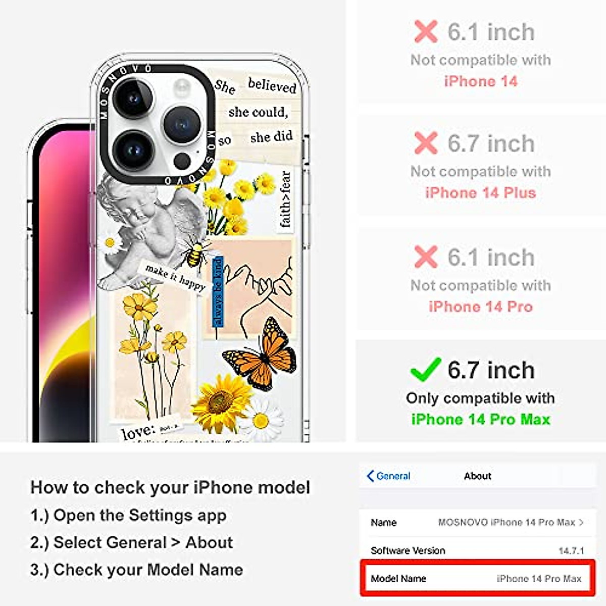 MOSNOVO Compatible with iPhone 14 Pro Max Case, [Buffertech 6.6 ft Drop Impact] [Anti Peel Off Tech] Clear TPU Bumper Women Phone Case Cover Vintage Collage Art Designed for iPhone 14 Pro Max 6.7"
