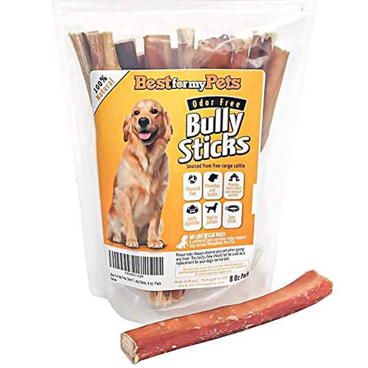 Best For My Pets Odor Free Bully Sticks, Long-Lasting Chews to Keep Puppies and Dogs Happily Busy, All-Natural Fully Digestible, 6-Inch Long, 8-Ounce Bag