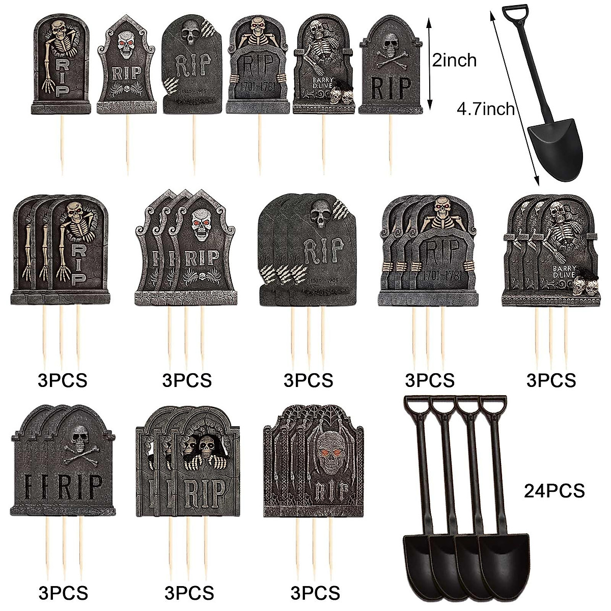 INACORN 48PCS Halloween Cupcake Toppers - Halloween Cake Decorations & Halloween Birthday Party Decorations - Graveyard Tombstone Cupcake Toppers with Novelty Mini Shovel Spoons