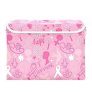 AMmao Foldable Storage Bins with Lids Pink Doodle Breast Cancer Awareness Large Storage Box Clothes Books Storage Organizer Container Basket for Home Bedroom Office Closet 16.5x12.6x11.8 In