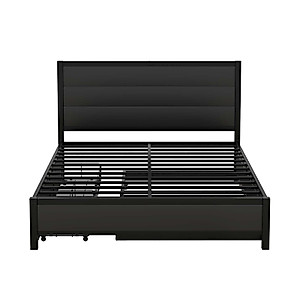 Queen Size Metal Platform Bed Frame with 2 Storage Drawers and a Twin Size Trundle, Storage Platform Bed with Tufted Headboard for Kids/Teen/Adults, Noise-Free, No Box Spring Needed (Queen)