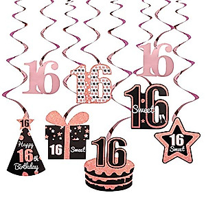 Excelloon 16th Birthday Decorations, 8Pcs 16 Foil Hanging Swirls, Sweet 16 Birthday Hat Cake Present Star Decorations, Happy 16th Birthday Party Supplies (Rose Gold)