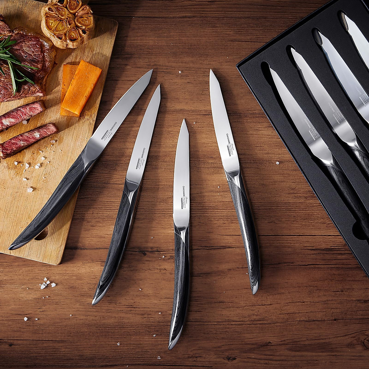OAKSWARE Non Serrated Steak Knives Set of 8, 5 Inch German High Carbon Steel Steak Knife for Kitchen, Sharp Knives with Full-Tang Ergonomic Handle, Black