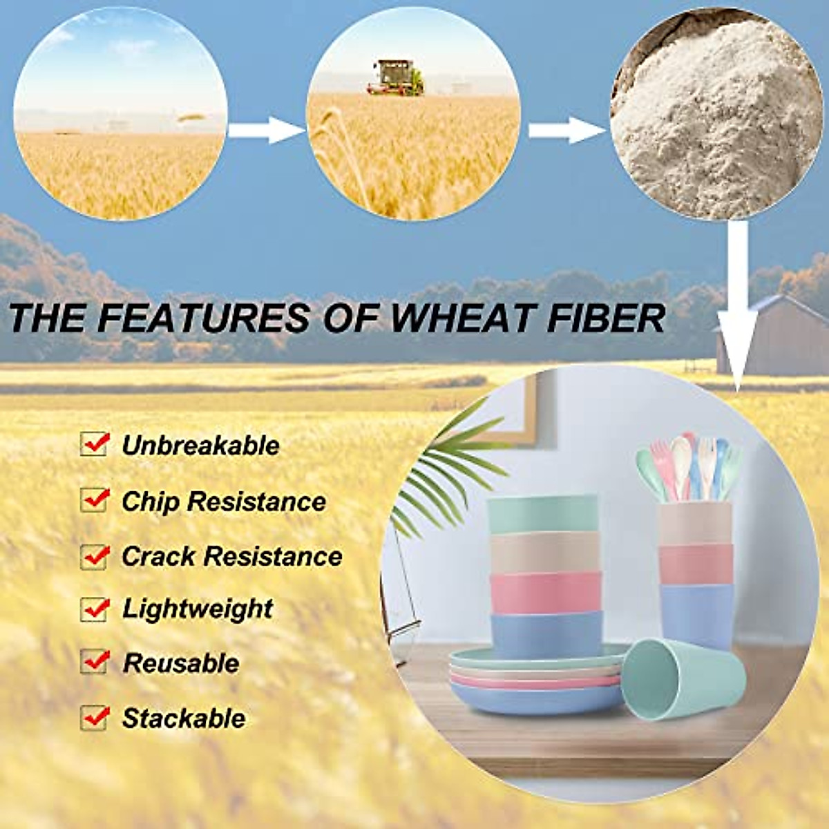 Plastic Plates and Bowls Sets, 20pcs Wheat Straw Dinnerware Sets, Kitchen Plates Cups and Bowls Set, Camping Reusable Plates and Bowls Sets, TIMDAM Lightweight Bowls, Unbreakable Dinner Plates