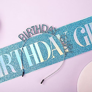 Birthday Girl Sash & Tiara Set, Blue Birthday Sash and Rhinestone Crown for Women, Happy Birthday Party Decorations Headband Birthday Gifts for Her, Happy Birthday Decor