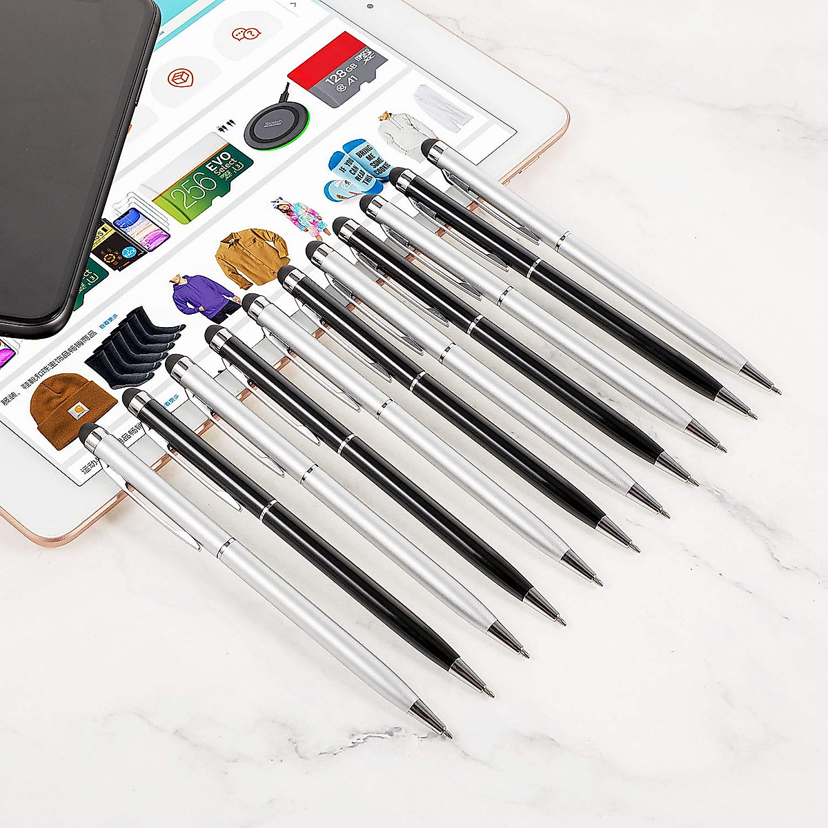 32 Pieces Stylus Pen for Touch Screens, 2 in 1 Universal Ballpoint Fine Tip Stylus Metal Pens, Black Ink, for Most Capacitive Touch-Screen Phone Tablet (Black, Silver)