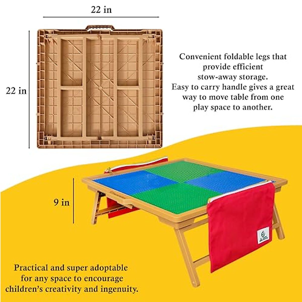 El Toro Creative Large Foldable Building Block Table for Kids – Durable Faux-Wood, Includes Storage, Portable Play Desk
