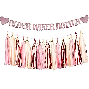 Rose Gold Older Wiser Hotter Decorations, Glitter Funny Birthday Banner and Tissue Paper Tassels Garland for Girls Women Birthday Party Decorations