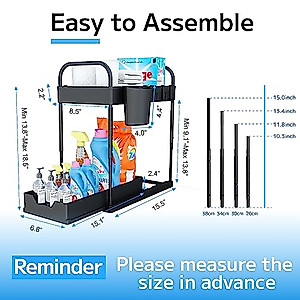 [2 Pack] Adjustable Height Under Sink Organizers and Storage, 2-Tier Cabinet Organizer With Hooks, Hanging Cup, Handles, Organization and Storage for Kitchen Sink Bathroom, Four gears height Fodayuse