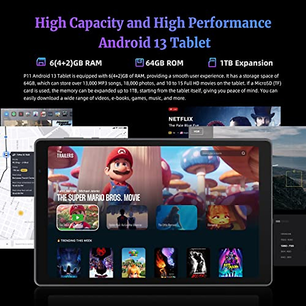 Lville Android 13 Tablet, 10 inch Tablets, 6GB RAM + 64GB ROM(1TB TF) with 8-Core Processor, WiFi, Bluetooth 5.0, 5000mAh Long Life Battery (Gray)