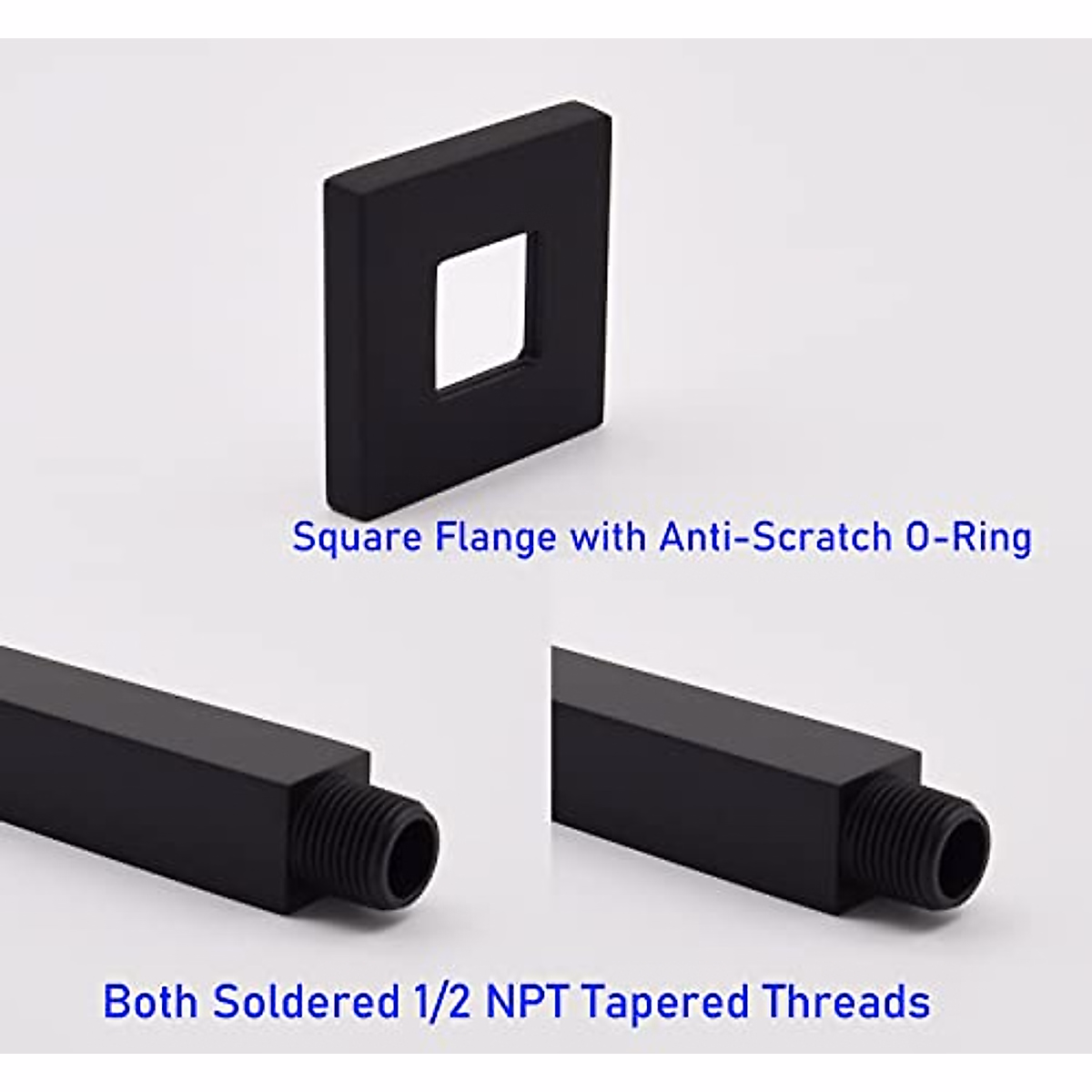 Aquaiaw Square Shower Arm and Anti-Scratch O-Ring Flange, 3 inch, Solid Brass, Both Soldered 1/2 NPT Tapered Threads, Straight Rainfall Shower Head Arm Extension, Ceiling Mount (Matte Black)