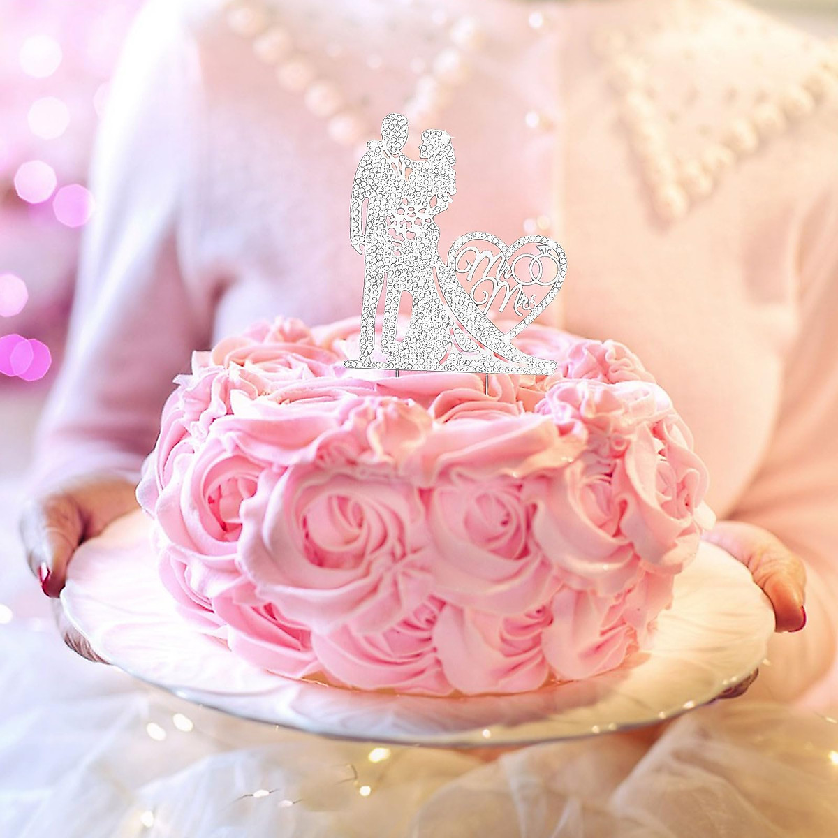 GAFATORY Wedding Cake Topper Rhinestone Metal Mr and Mrs Cake Topper Crystal Wedding Cake Decorations Bride and Groom Bridal Shower Theme Anniversary Party Silver Cake Topper