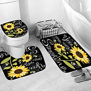 Sunflower 4PCS Shower Curtain Sets with Non-Slip Rugs, Toilet Lid Cover and Bath Mat, Durable Waterproof Shower Curtains with 12 Hooks (Sunflower2p)