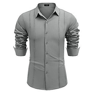 COOFANDY Men's Cuban Guayabera Shirts Casual Long Sleeve Button Down Shirt Summer Beach Tops Grey