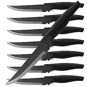Wanbasion Black Stainless Steel Serrated Steak Knives Set of 8, Steak Knives Dishwasher Safe -Scratch Resistant