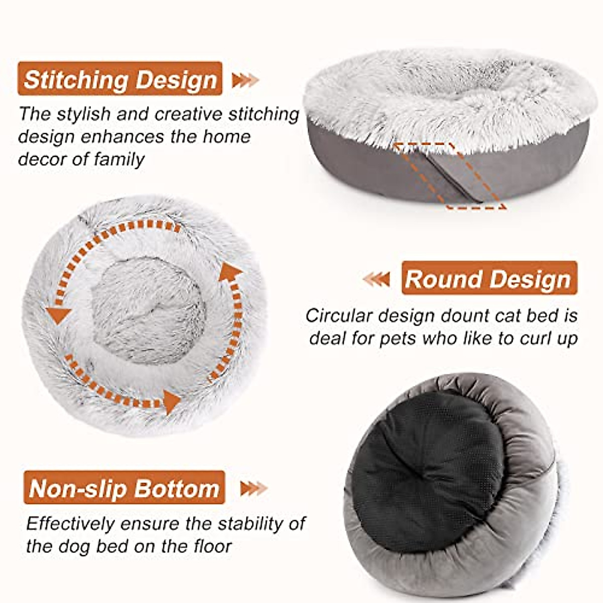 JOEJOY Small Dog Bed & Cat Bed, Anti-Anxiety Puppy Cuddler, Cozy Soft Round Fluffy Plush Pet Bed, Machine Washable, Anti-Slip Bottom (20", Grey)