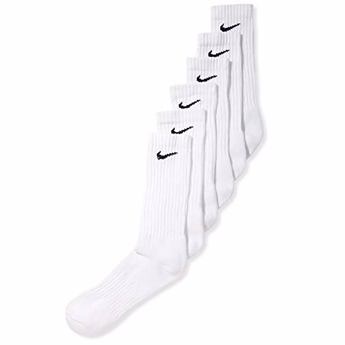 NIKE Dri-Fit Classic Cushioned Crew Socks 6 PAIR White with Black Swoosh Logo) LARGE 8-12