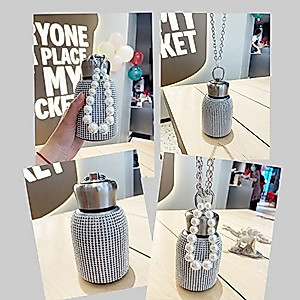 Bling Stainless Steel Diamond Water Bottle Crystal Rhinestone Cute Vaccume Insulated Thermal Flask with Chain and Pearl Bracelet (300ml/10.2oz)