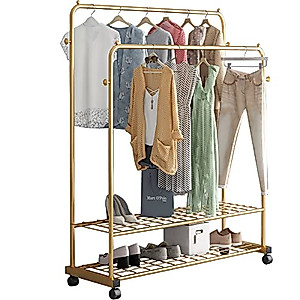 Thick forest Double Layer Clothes Rack Clothes Rack with Wheels Clothing Rack Rolling Rack Metal Rolling Garment Rack with Double-Tier Shelves, Clothes Storage and Organizer (Gold)…