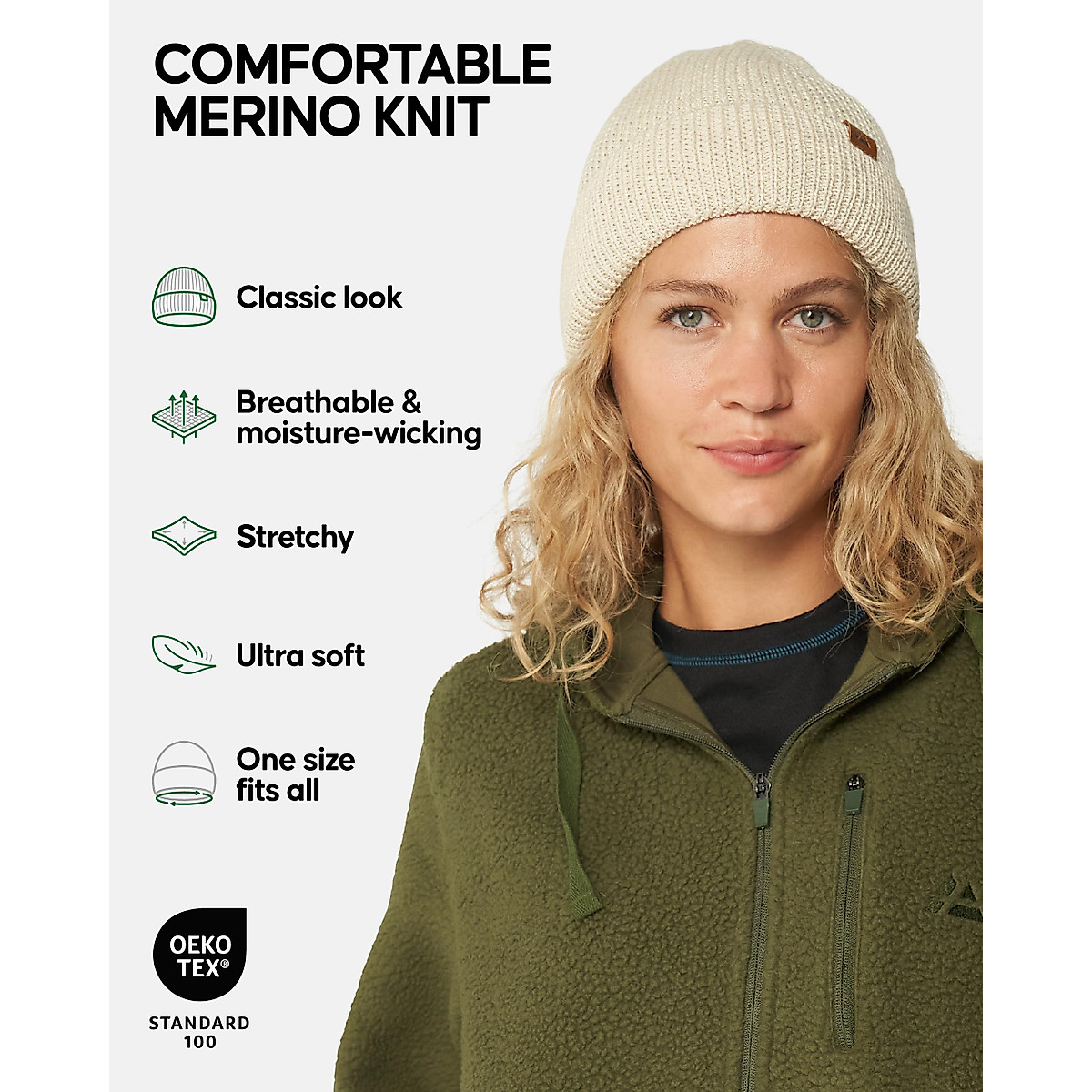 DANISH ENDURANCE Merino Wool Beanie for Men & Women, Knitted Winter Hat, White, One Size