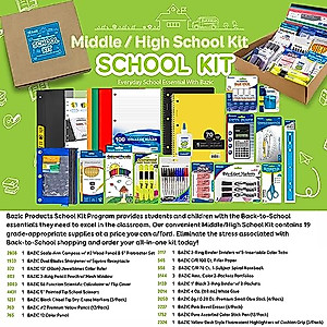 BAZIC Middle High School Kit Supply Box 65 Count for Student 7-12 Grades, Composition Book Compass, COLOR MAY VARY, 1-Pack