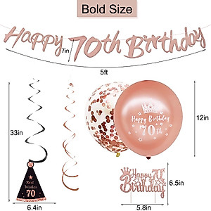 WOJOGO 70th Birthday Decorations Women, Rose Gold 70 Birthday Decorations for Men, Including Happy 70th Birthday Banner Hanging Swirls Birthday Cake Topper Balloons for Party Supplies